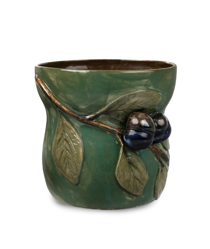 CRUFFEL impressive green glazed ceramic vase with applied fruit ...