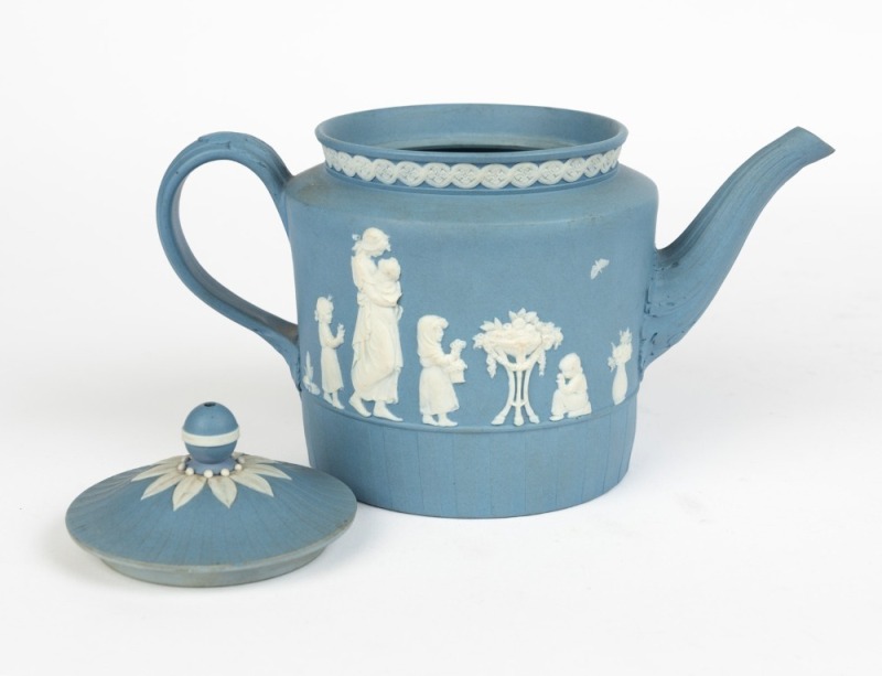 WEDGWOOD antique English blue Jasper Ware pottery teapot decorated with ...