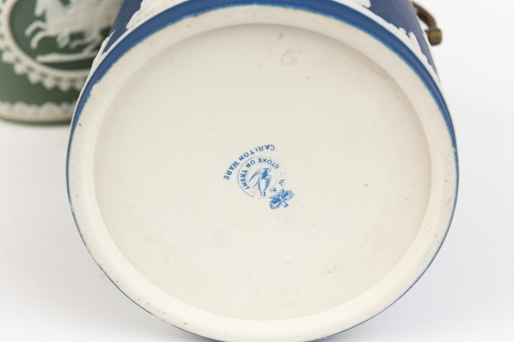 WEDGWOOD two antique English dark blue and sage green Jasper Ware ...