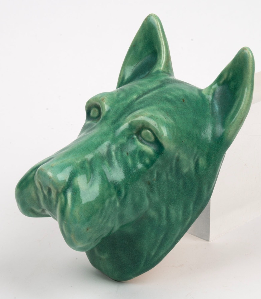 MELROSE WARE rare green glazed pottery terrier dog wall plaque, stamped ...