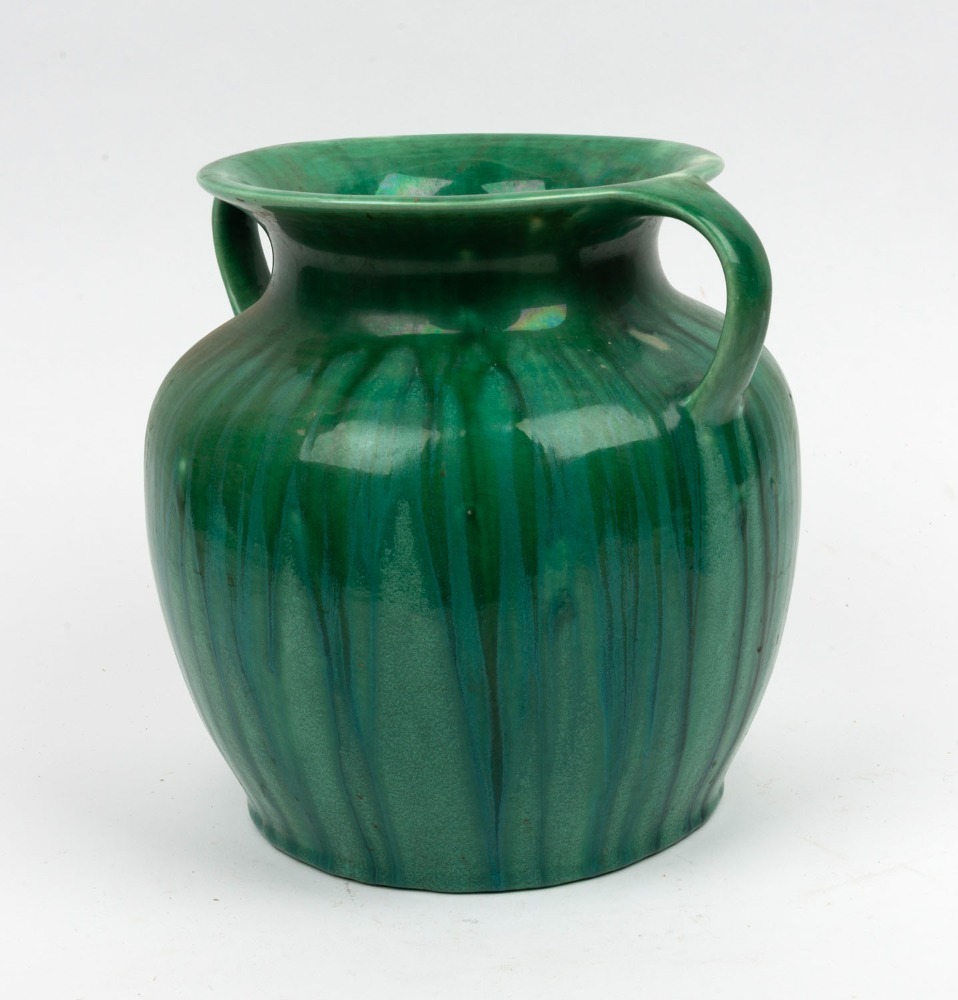 MELROSE WARE green glazed two handled pottery vase, stamped Melrose ...