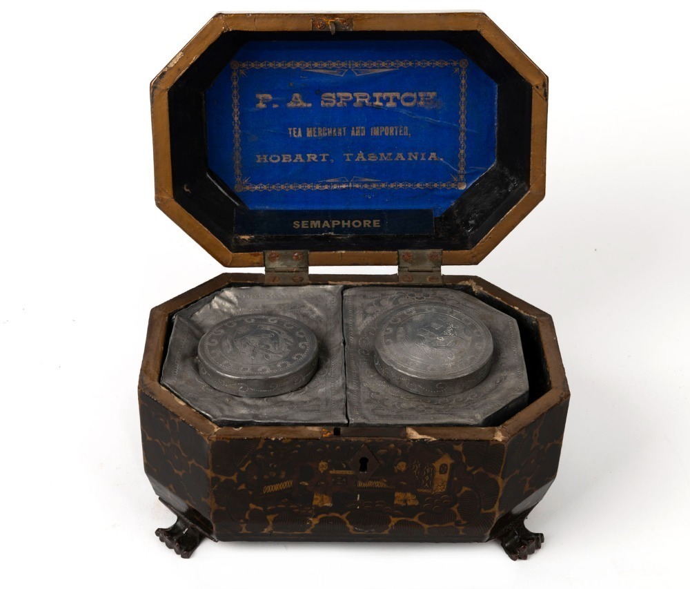 An antique Chinese export ware tea caddy with two engraved pewter ...