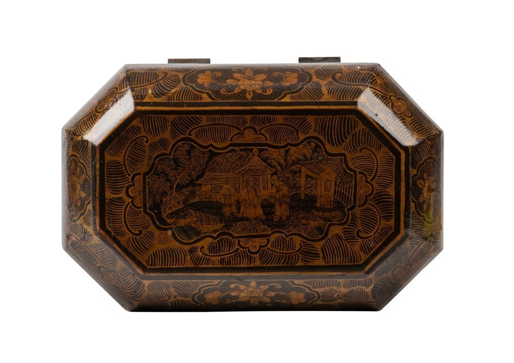 An antique Chinese export ware tea caddy with two engraved pewter ...