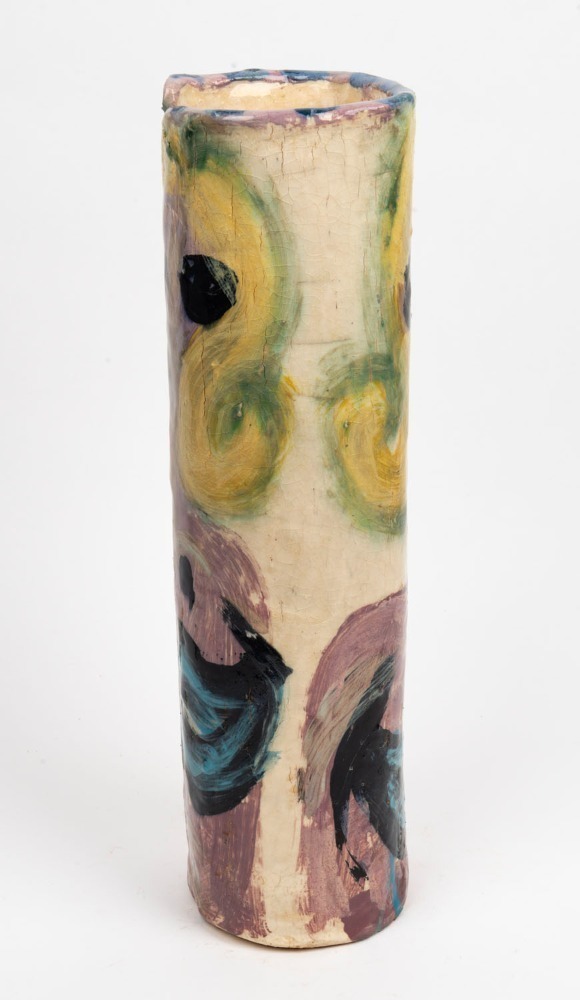 DEBORAH HALPERN cylindrical pottery vase with hand-painted faces ...