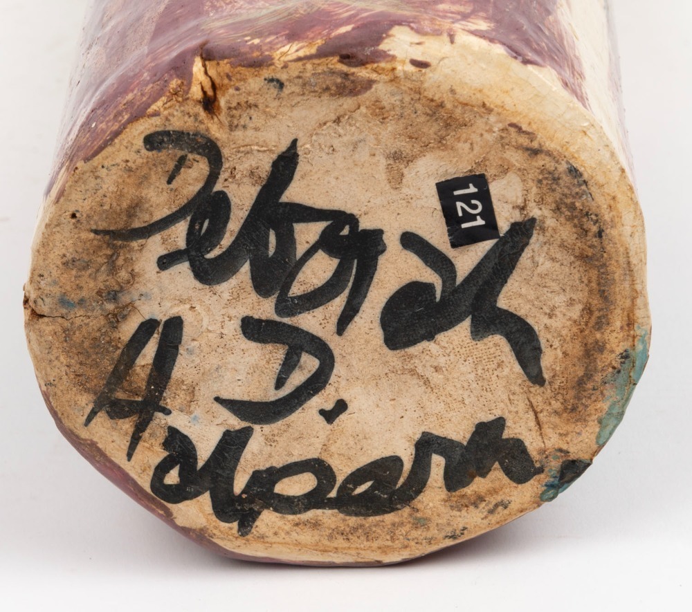 DEBORAH HALPERN cylindrical pottery vase with hand-painted faces ...