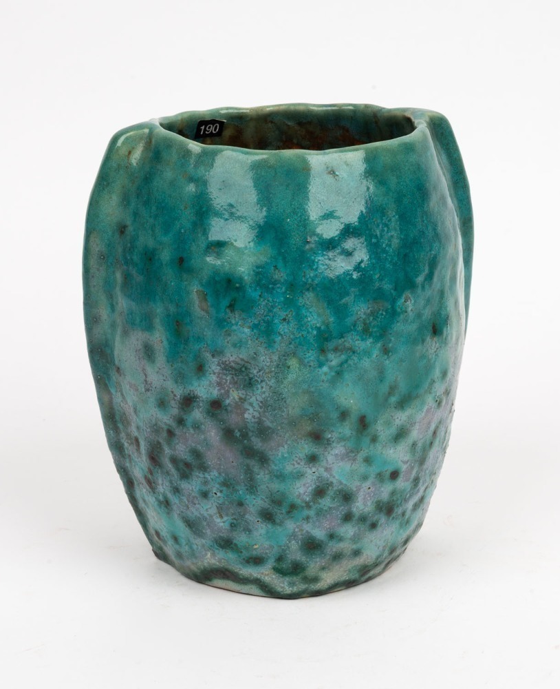 JOLLIFF green mottled glaze two handled pottery vase, incised Jolliff ...