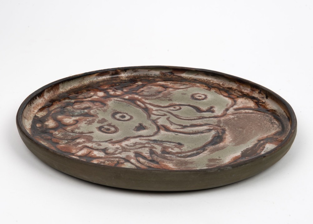 LUCY HATTON BECK pottery dish with sgraffito mother and child ...