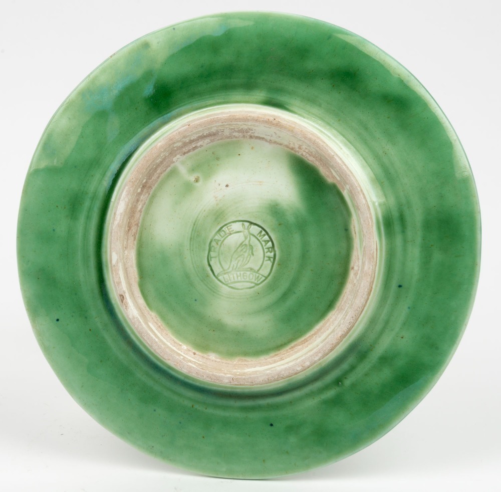 LITHGOW POTTERY green glazed leaf dish, impressed kangaroo mark TRADE ...