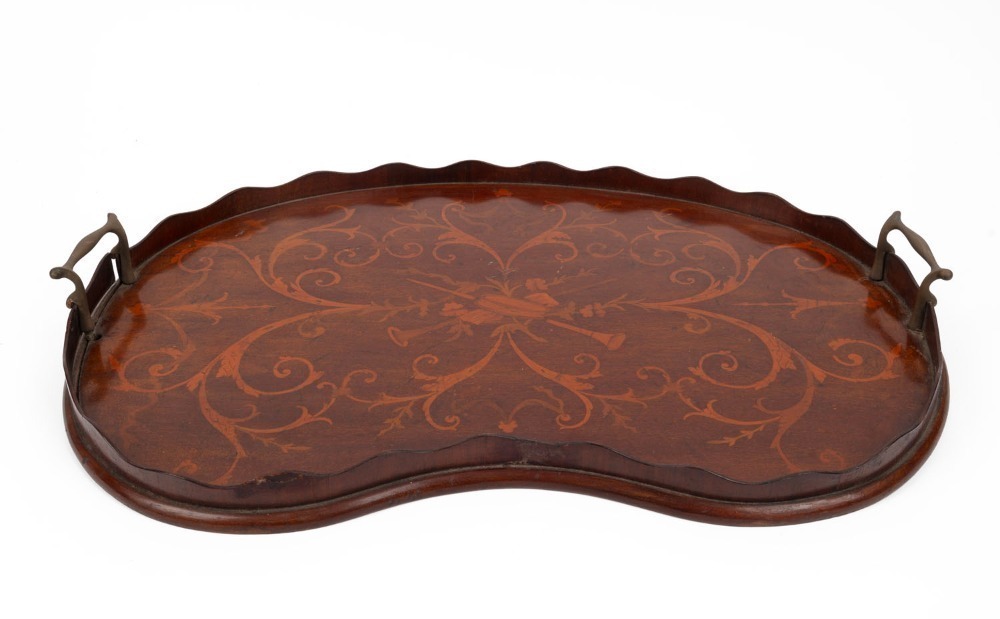 A Georgian mahogany kidney shaped serving tray with marquetry ...