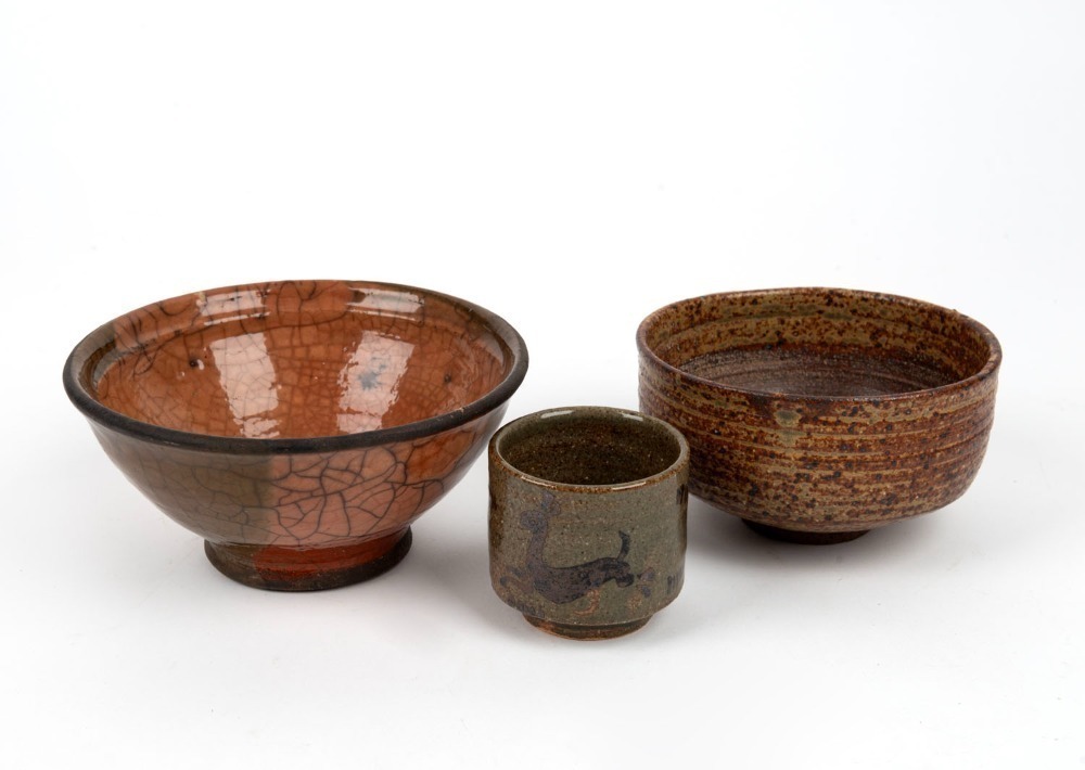 BERNARD LEACH pottery beaker, JANET LEACH pottery tea bowl, INGER ...