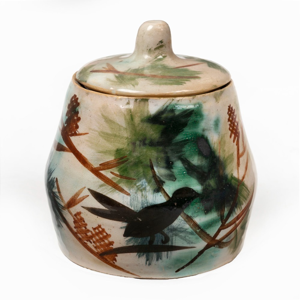 ARTHUR MERRIC BOYD pottery biscuit barrel with hand-painted bird and ...