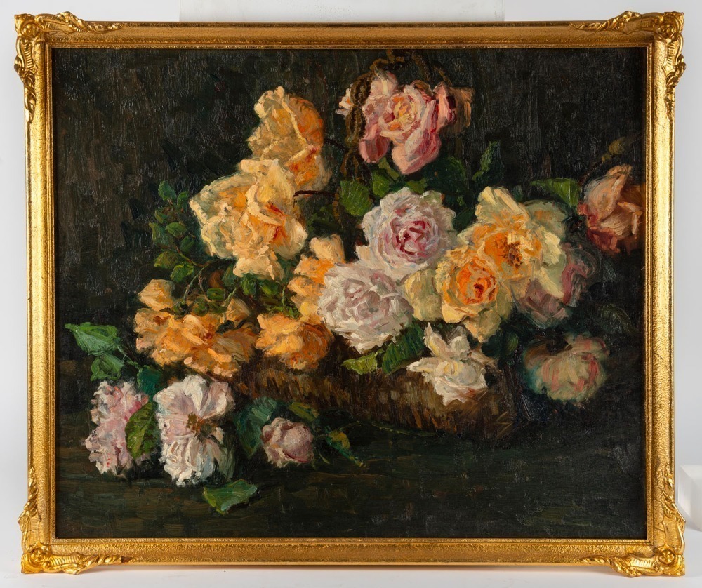 ARTIST UNKNOWN, still life with roses, oil on canvas on board, notation ...