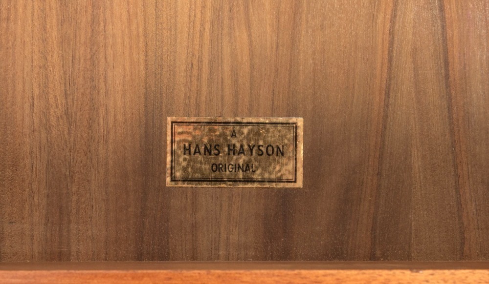 HANS HAYSON mid-century style writing desk with teak veneered top above ...