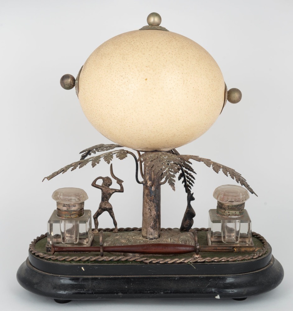 An antique Australian silver plated desk set with Aboriginal hunter ...