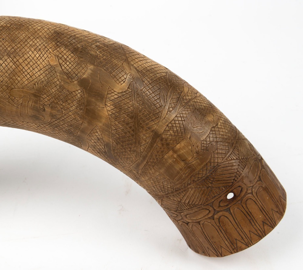 An impressive pair of antique Australian scrimshaw cow horns carved ...