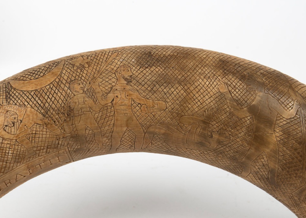 An impressive pair of antique Australian scrimshaw cow horns carved ...