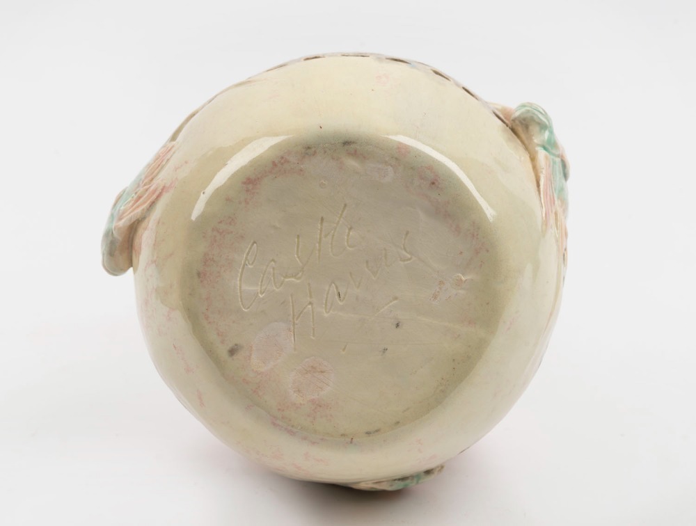 CASTLE HARRIS pierced pottery jardiniere with applied fish decoration ...