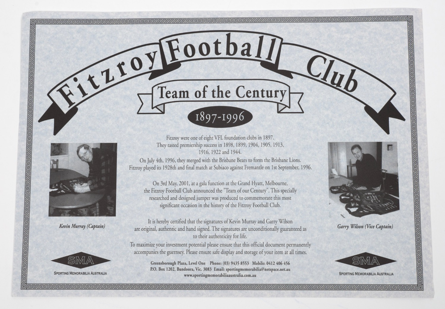 FITZROY FOOTBALL CLUB: Team of the Century 1897 - 1996 souvenir jersey ...
