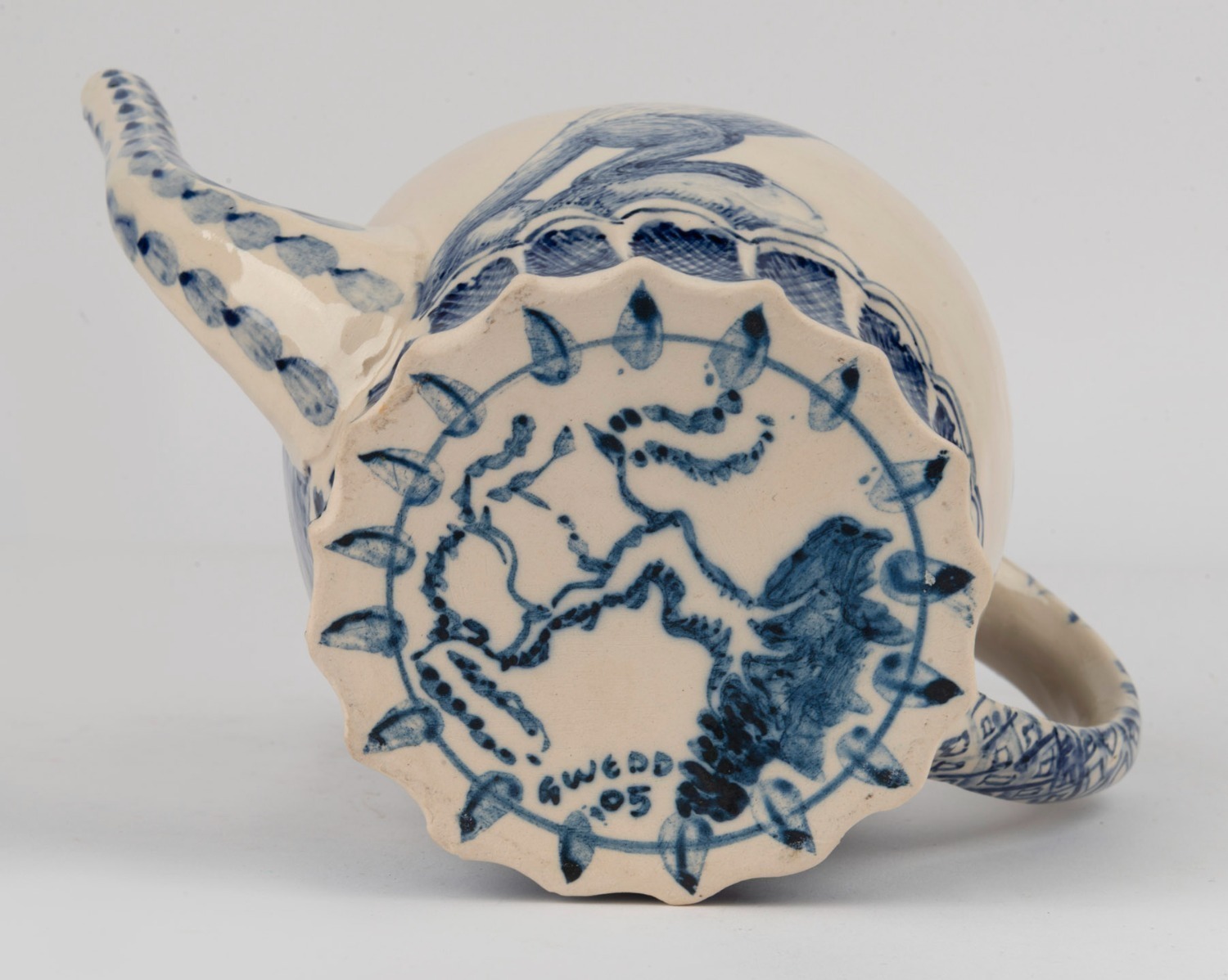 GERRY WEDD blue and white glazed pottery teapot, signed G. Wedd, '05 ...