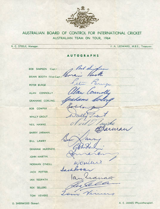 1964 Australian Team, official team sheet with 17 signatures including ...