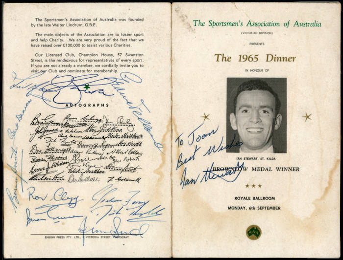 1965 Brownlow Medal Dinner menu (laminated), with 27 signatures ...
