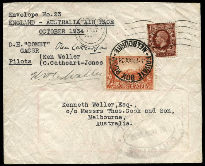 20 Oct.1934 (AAMC.435) MacRobertson Air Race cover carried by Owen ...